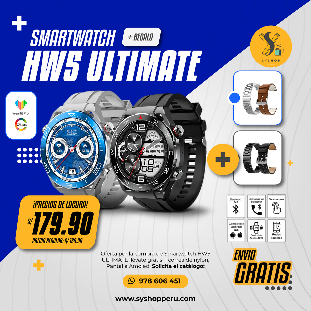 Smartwatch Ultimate HW5 Negro Amoled GPS Triple Correa – SYSHOP